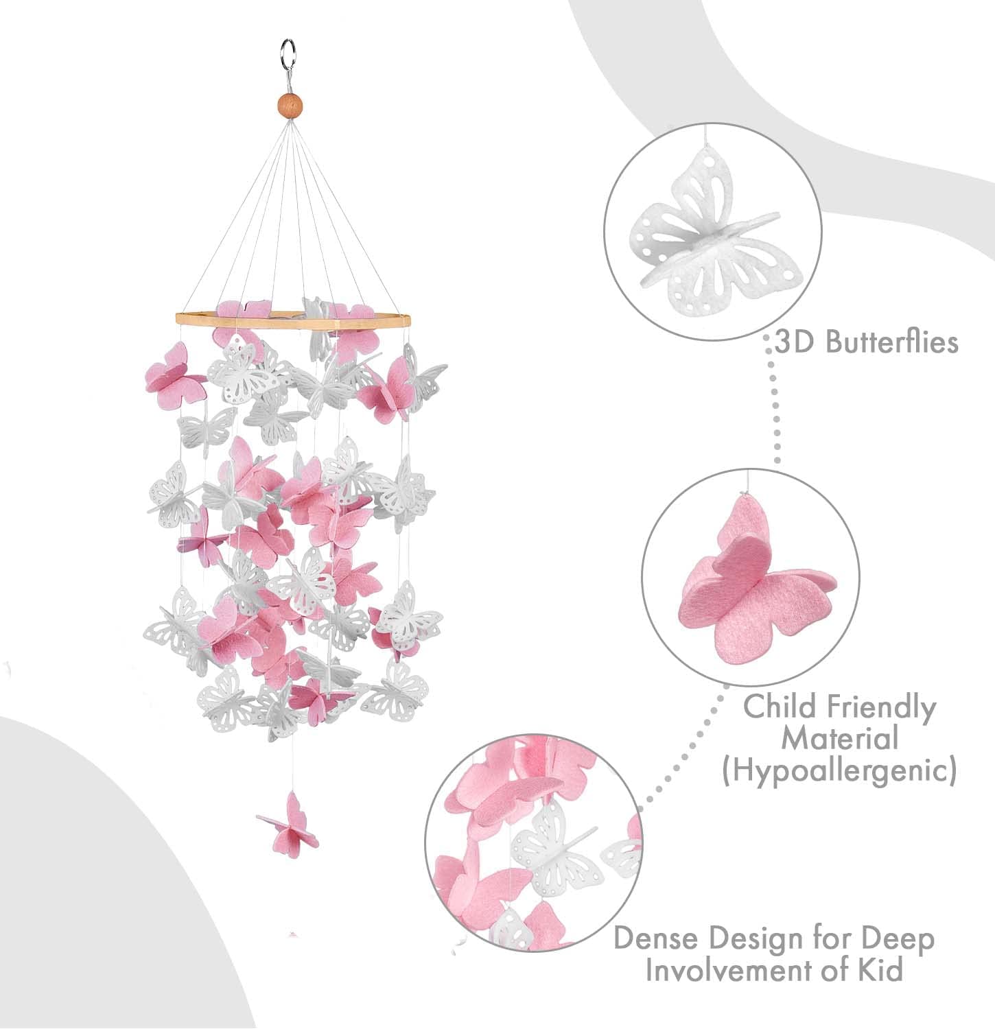 Just Joyer Baby Mobile for Crib Girl–Handmade with 45 Butterflies–Unique Toys Nursery Decor–Premium Felt Material with Wood Frame–Includes Butterfly Garland