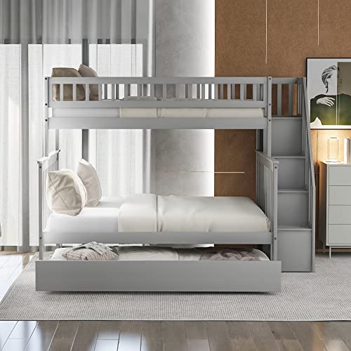 Cotoala Full Bunk Bed with Trundle, Wood Stairway Twin, Storage and Guard Rail, No Spring Box Needed, Grey, Twin Over Full