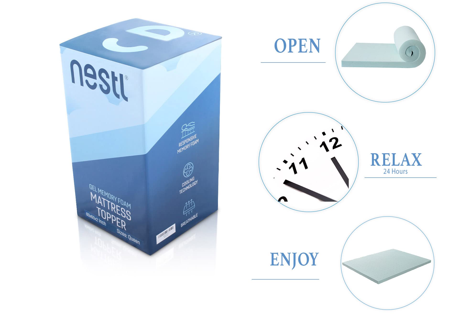 Nestl Mattress Topper, Gel Infused Memory Foam Mattress Topper, Ventilated Design Mattress Pad, 2 Inch, Full Size