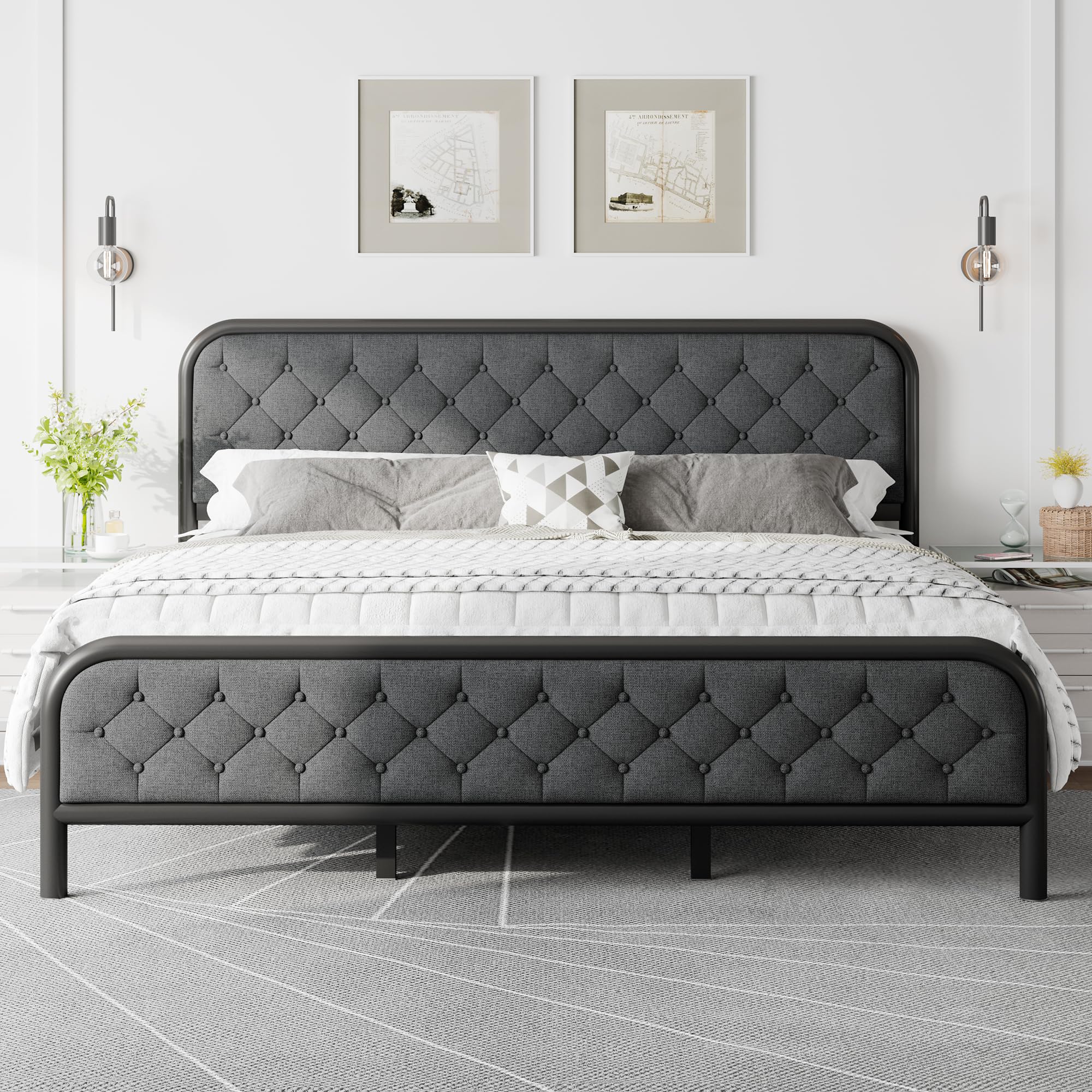 Feonase Full Size Bed Frame, Upholstered Metal Bed Frame with Liene Tufted Headboard, Heavy Duty Metal Slats, 12" Storage Space, No Box Spring Needed, Easy Assembly, Linen Gray