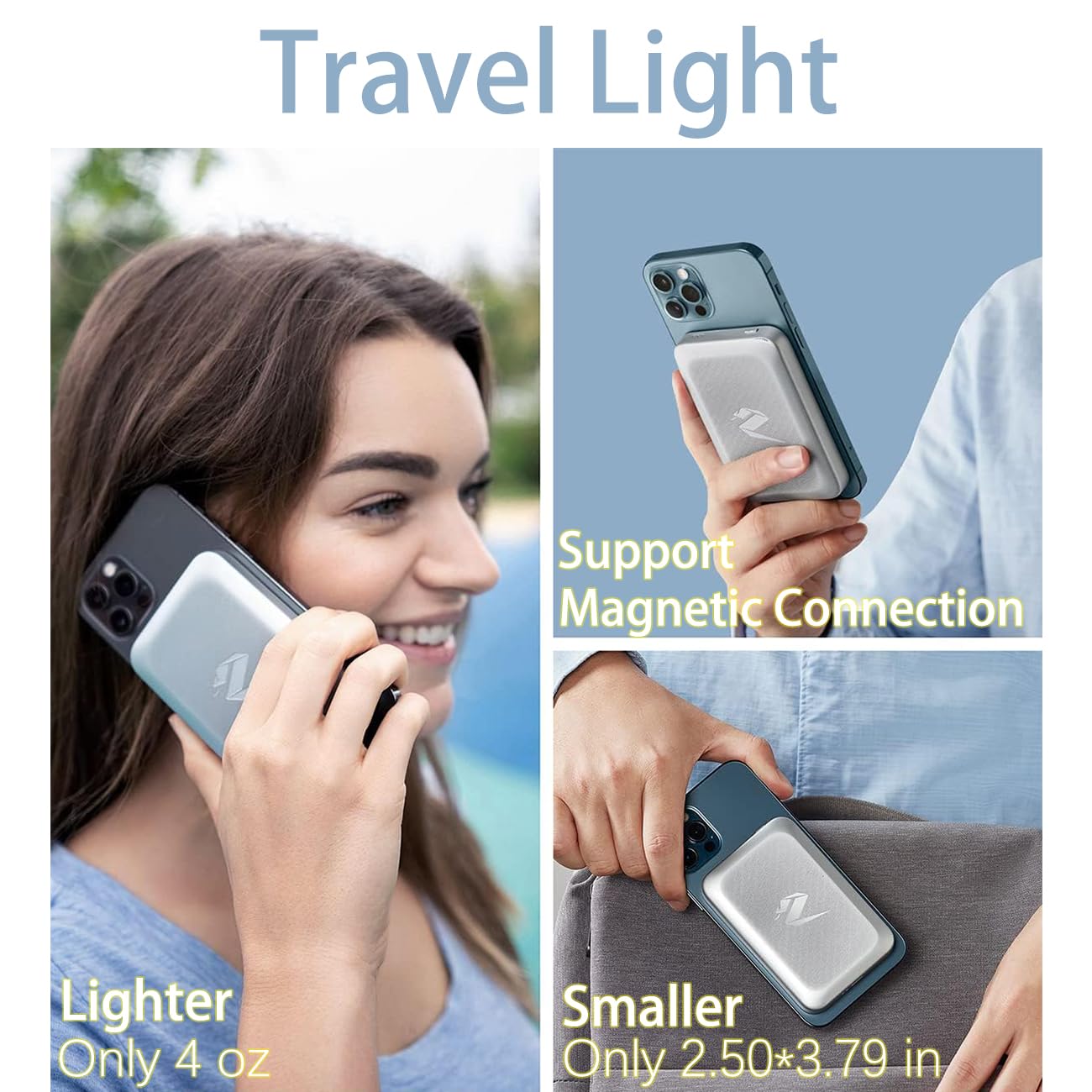 CHONGMANG Magnetic Portable Charger, Mini Power Bank 5000 mAh with 5W Wireless Charging and 18W USB-C Fast Charging,Comes with 2 Cables,Compatible for iPhone 14/13/12 (Silver)