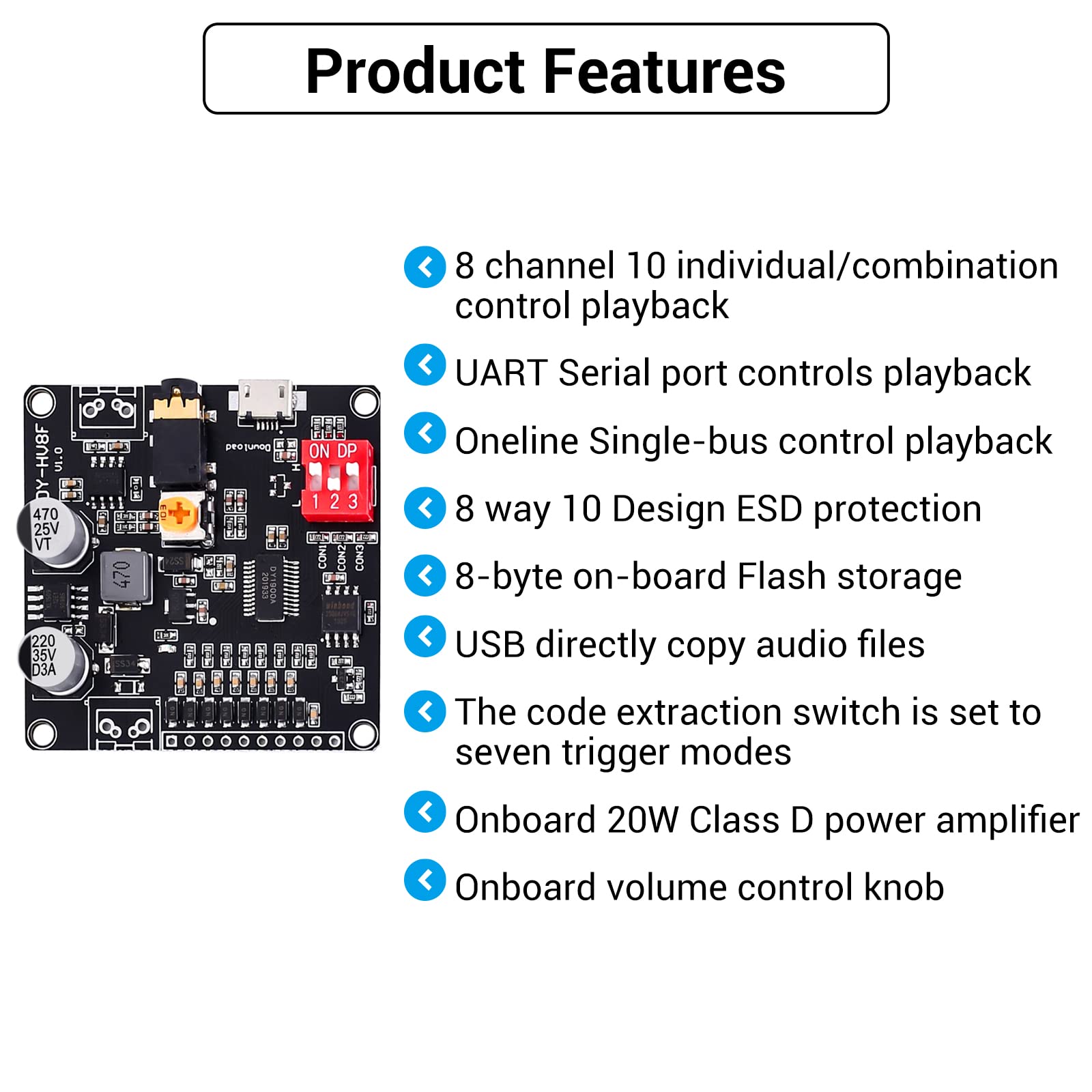 DC 12V 24V 20W Voice Playback Module, PEMENOL High Power Sound Board MP3 Player 64Mbit Flash Storage Mono 8ohm Support MP3 WAV for Arduino Father's Day DIY