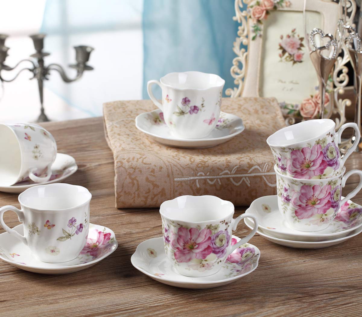 GuangYang GY 12 PCS Tea Set - 7oz New Bone China tea Cups and Saucers with Pink Flower Pattern Porcelain Cups for Mocha Cappuccino Tea and coffee