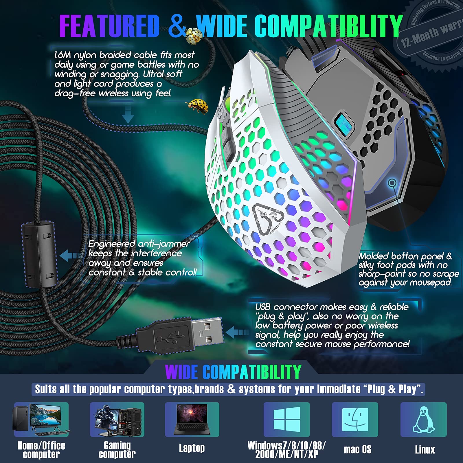 RICESTKCN Gaming Mouse PC Gaming Mice - Honeycomb Mouse Gamer RGB Gamingmouse Wired Ergonomic 6 Levels up to 8000 DPI 7 Programmable Buttons 7 Backlight Modes for PC Laptop Mac Windows Vista (White)