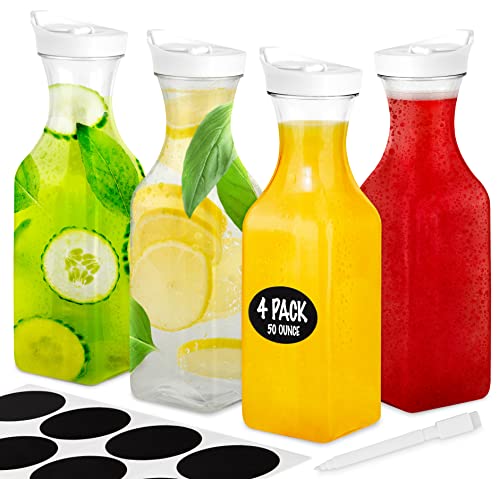 Stock Your Home 50 oz Square Carafes Plastic Juice Carafe with Lids (Set of 4) 50 oz Carafes for Mimosa Bar, Drink Pitcher with Lid, Water Bottle, Milk Container, Clear Beverage Containers for Fridge