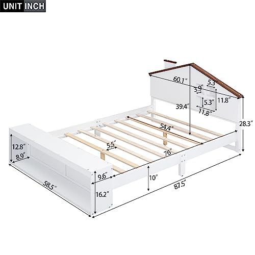 i-POOK House Bed with Storage, Led Bed Frame with House-Shaped Headboard, Full Size Platform Bed Frame for Children Teens Girls Boys, White