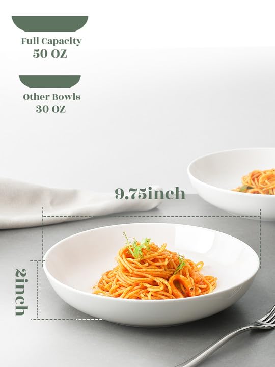 Y YHY 9.75" Large Pasta Bowls, 50 Ounces Big Salad Bowls, Ceramic Serving Bowl Set of 4, Wide and Shallow Bowls Set, Microwave and Dishwasher Safe, White