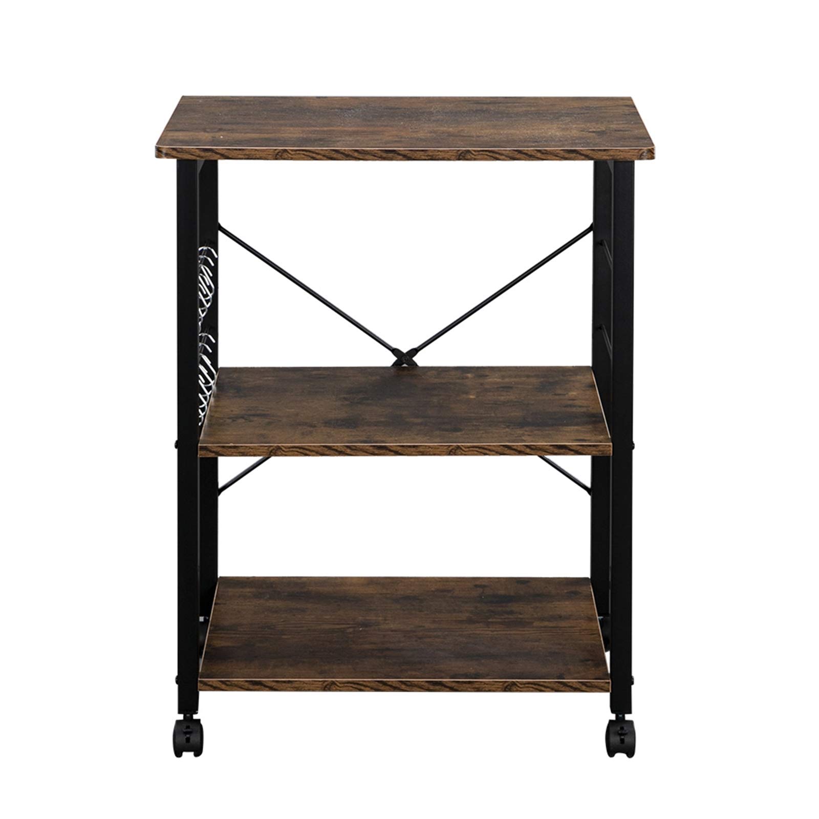 WEI WEI GLOBAL 3-Tier Kitchen Baker’s Rack, Microwave Stand Rolling Serving Cart, Industrial Storage Shelf Organizer w/ 10 Hooks & Wheels-Black Metal Frame, Rustic Brown