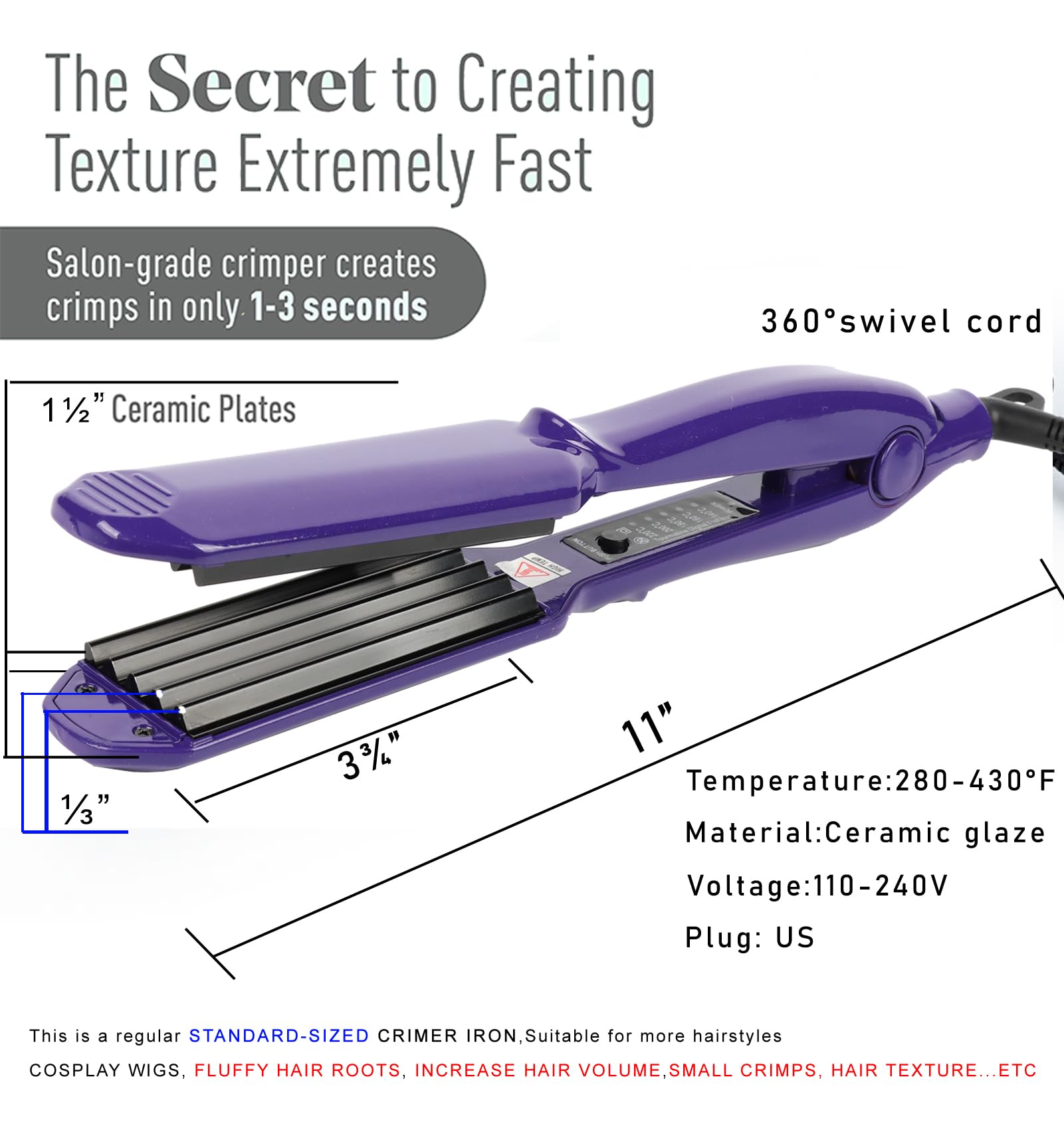 MBHAIR Ceramic Crimper Iron for Volumizing Fluffy Hairstyle, Corrugation Crimper Hair Iron, Anti Static Ceramic Hair Crimping Iron Adjust Temperature (Purple)