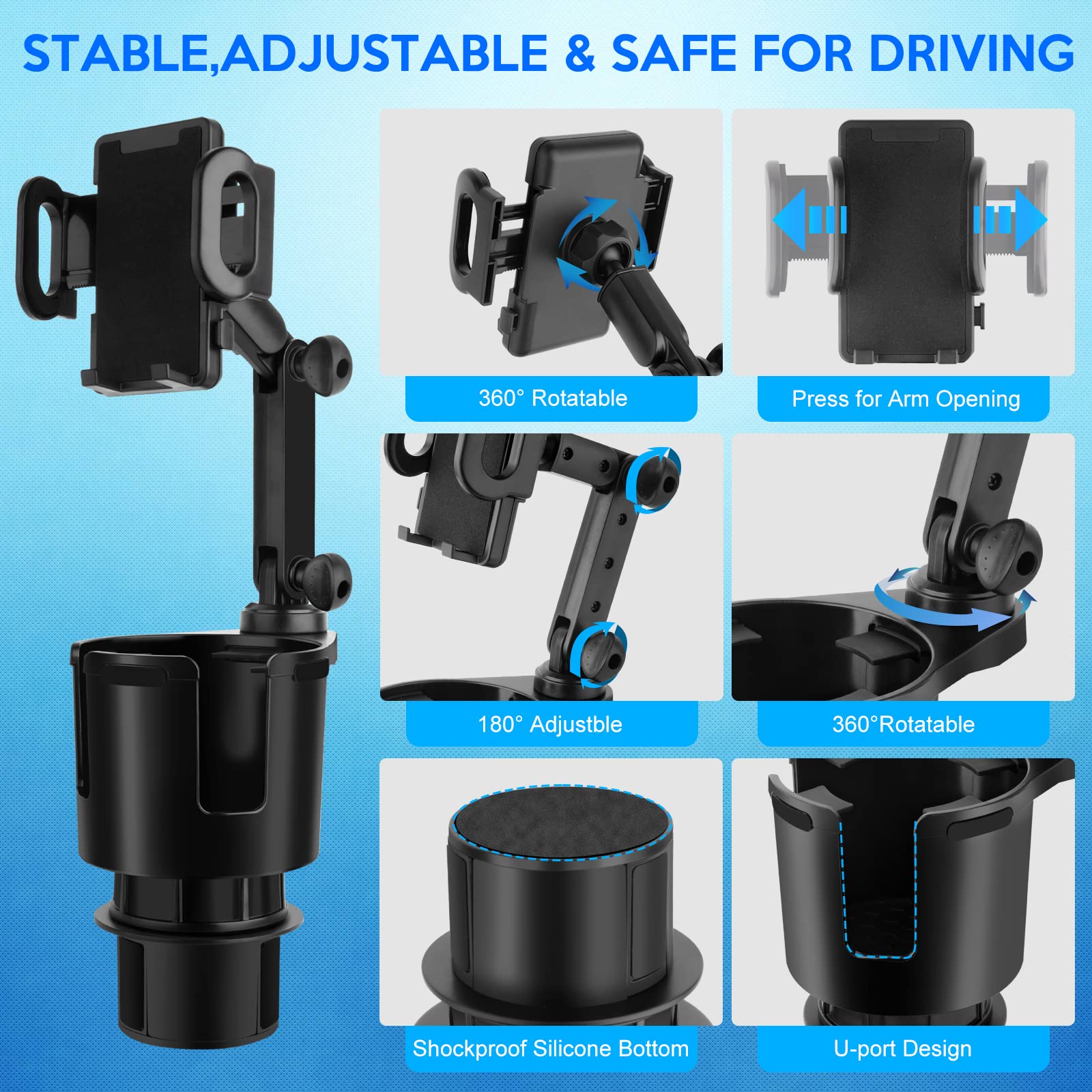 Cup Holder Phone Mount, Universal Cell Phone Holder for Car Truck SUV Drink Expand Cup Holder Adapter Long Arm 360° Rotation Adjustable Base Large Car Cupholder Fit for iPhone, Samsung & All Phone