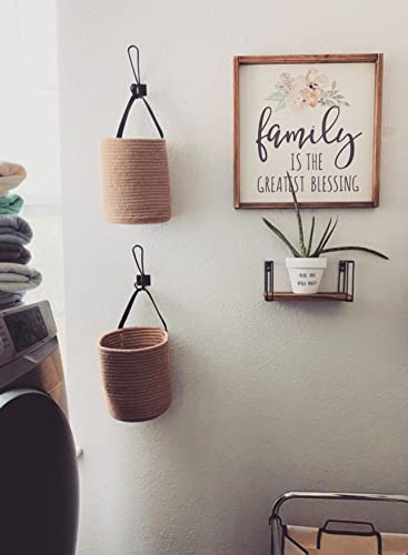 Wall Hanging Storage Baskets Jute Set of 2 Small Woven Rope Closet Organizer 6.7"x7.9" Décor with Black Leather Handle Nursery Storage Bins for Flower Plants/Garage/Shelf/Outdoor/Bathroom