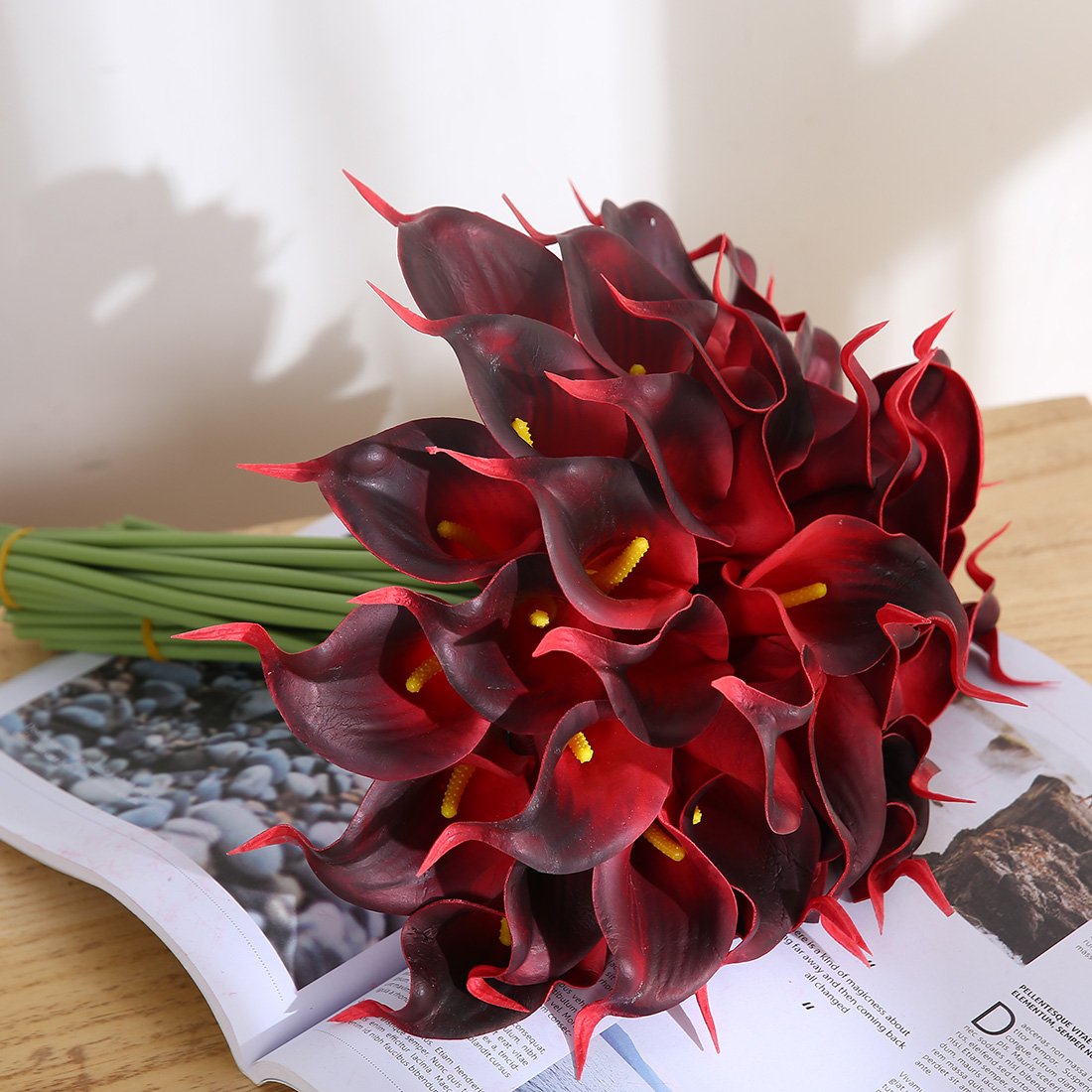 JUSTOYOU 20pcs Artificial Calla Lily 13" Fake White Flowers Wedding Bouquet Real Touch Latex Flower for Bride Wedding Home Decor (Dark Red)
