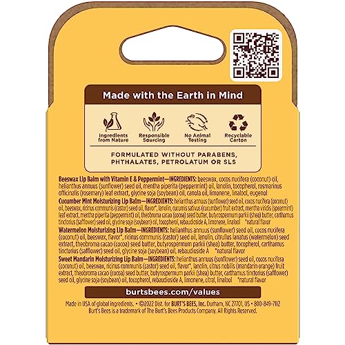 Burt's Bees Lip Balm - Original Beeswax, Cucumber Mint, Watermelon & Sweet Mandarin, With Responsibly Sourced Beeswax, Tint-Free, Natural Origin Treatment, 4 Tubes, 0.15 oz.