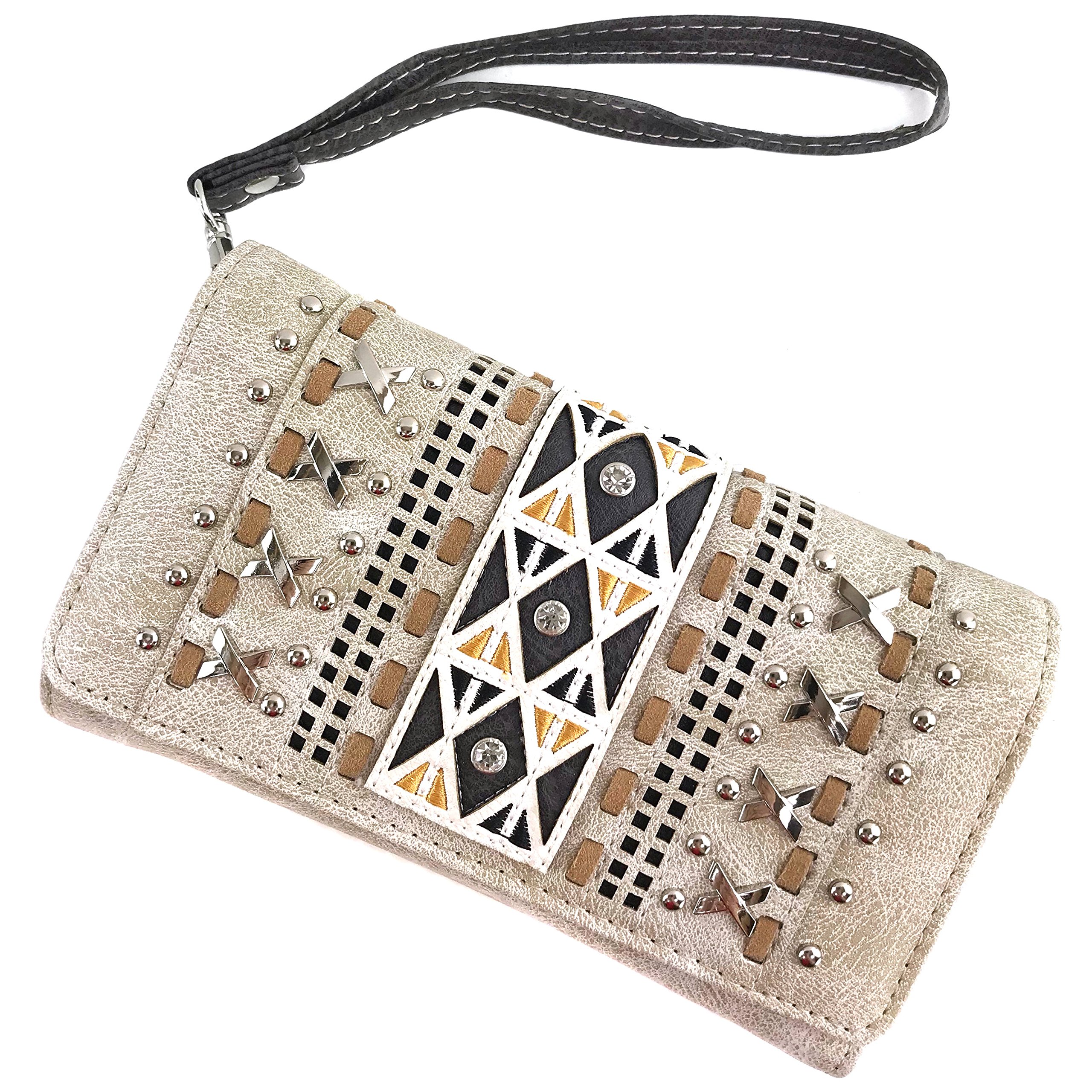 Justin West Checker Embroidery Suede Fringe Western Stud Conceal Carry Shoulder Handbag Purse | Trifold Wallet (Brown Handbag Only)