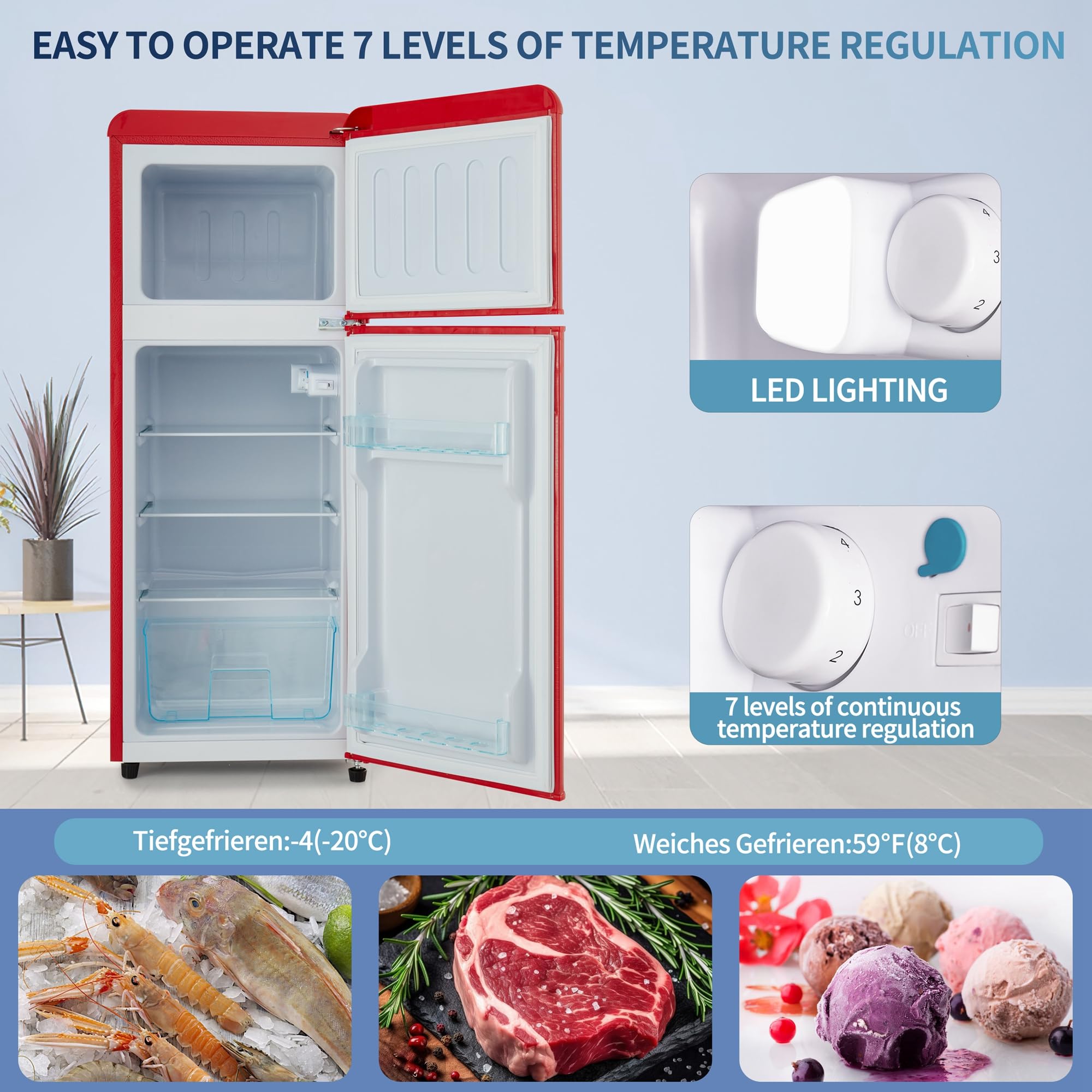 LZ LEISURE ZONE 4.5 Cu.ft Dual Zone Refrigerator, Small Refrigerator with 4-Star Freezer, 7 Temperature Settings, LED Lighting, Adjustable Shelves, Refrigerator for Bedroom/Office/Apartment, Red