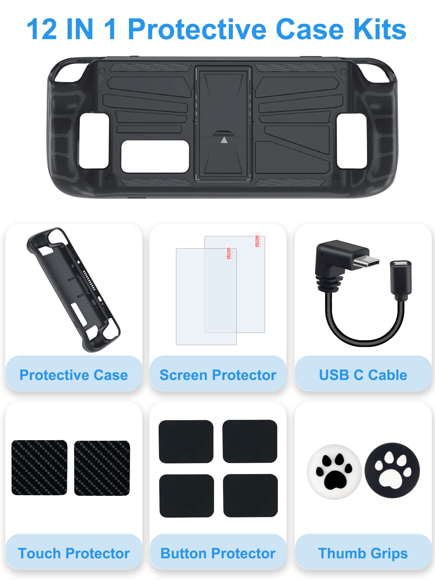 Case for Steam Deck,12 in 1 for Steam Deck Accessories - Protective Case with Kickstand ,Screen Protector,Touchpad Protector,Right Angle USB C,Thumb Grip for Steam Deck Console