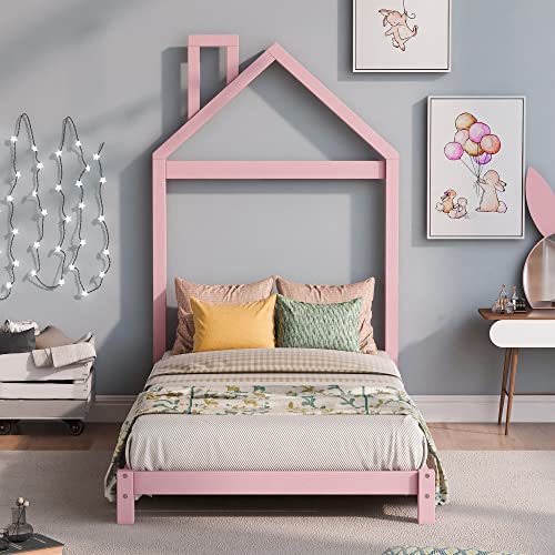 FIQHOME Twin Size Wood Platform Bed with House-Shaped Headboard,Toddler Floor Bed with Solid Wood Slats,Twin Platform Bed Frame for Girls Boys,No Box Spring Needed(Pink)