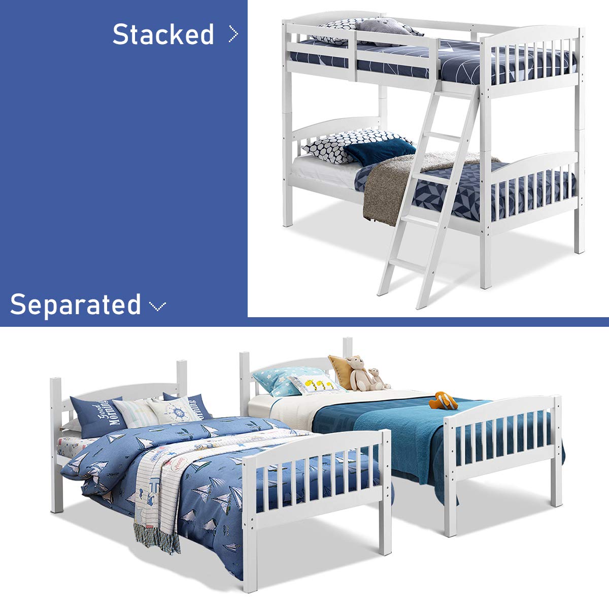 GOFLAME Twin Over Twin Bunk Beds, Convertible Into Two Individual Solid Rubber Wood Beds, Space Saving Design, Children Stylish Sleeping Bedroom Furniture with Ladder and Safety Rail (White)