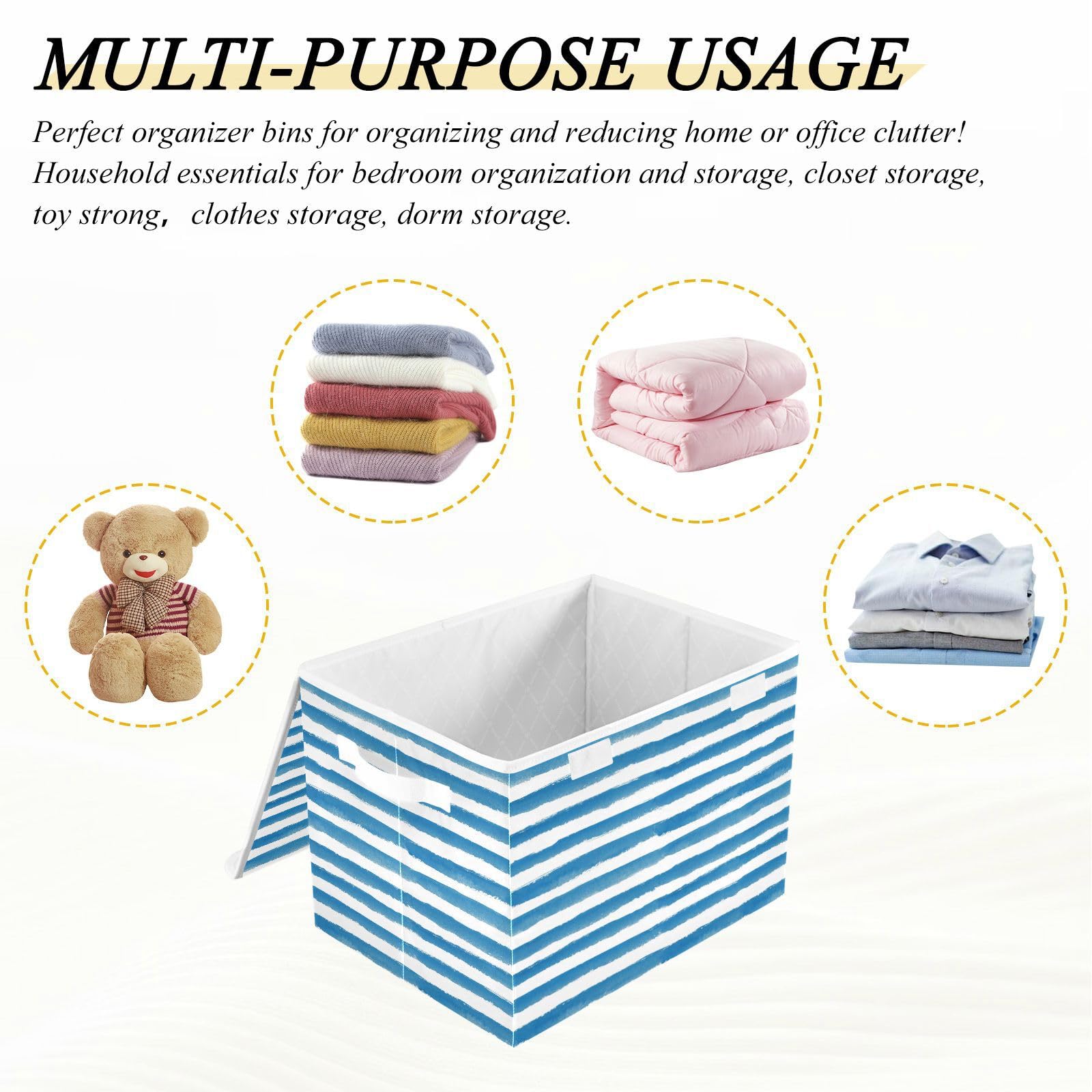 Gredecor Blue-white Stripes Large Storage Basket Bins with Lid Storage Boxes Organizer with Handle 16.5"x12.6"x11.8" Collapsible Storage Cube for Toys Bedroom Nursery Home