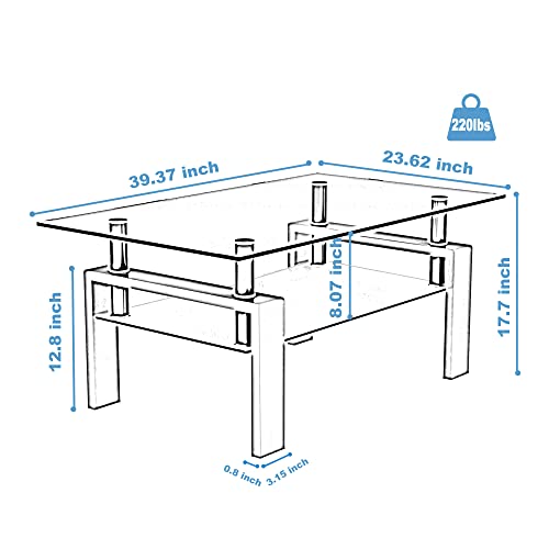 IANIYA Clear Glass Coffee Table Metal Tube (All-Black)