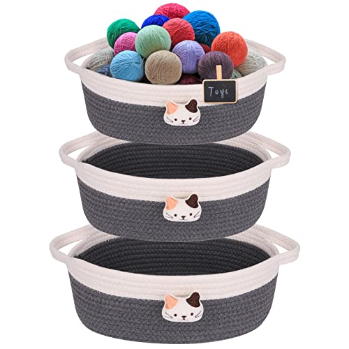 Cotton Rope Baskets, Cube Storage Basket Bins with Handle, Shelf Storage Baskets for Baby Laundry Basket Toy Storage Blanket Storage Nursery Basket Soft Storage Bins Woven Basket, 3 Pack, Gray