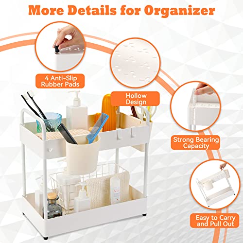 Kitchen Storage, Under Sink Organizer, NAYAHOSE 2 Tier Bathroom Storage Organizer Countertop with 4 Hanging Cups, 2 Handles, Under Cabinet Storage Tray Organize Holder, Makeups, Spices(white)