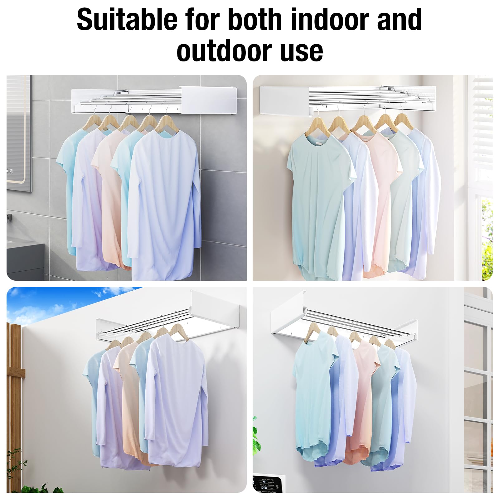 kenvc Laundry Drying Rack Collapsible: Wall Mounted Clothes Drying Rack - 23.6" Wide 9.9Linear Ft 4 Aluminum Rods 40 lb Capacity with Wall Template Screwdriver Bit Drill Bit(White, 24)