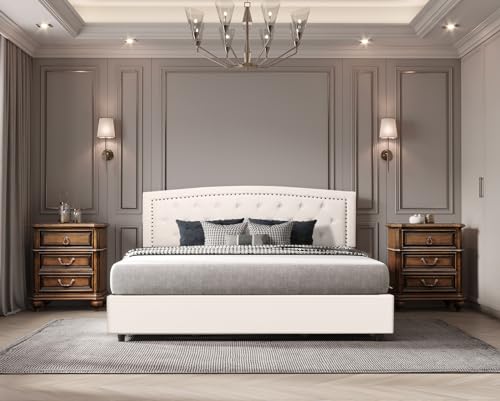 BONSOIR King Size Storage Bed Frame Upholstered Low Profile Traditional Platform with Tufted and Nail Headboard/No Box Spring Needed/4 Pull Out Drawers/ (Sand, King Size) (Cream, King Size)