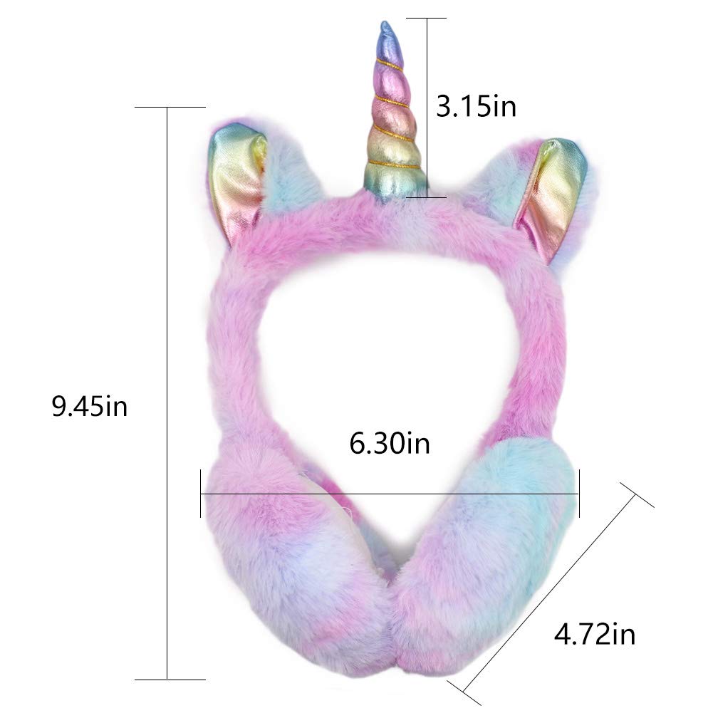 BUTITNOW Cute Rainbow Unicorn Earmuffs for Women Kids Girls, Foldable Warm Soft Plush Comfortable Outdoor Winter Ear Warmers