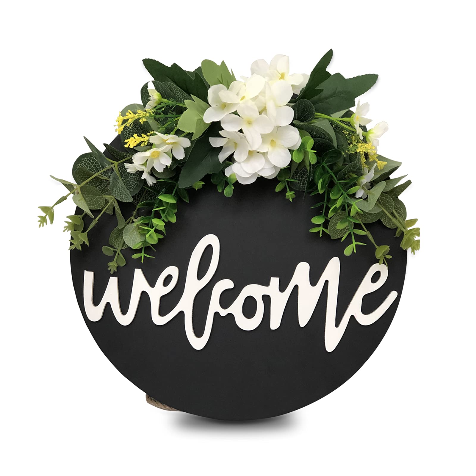 Welcome Sign for Front Door Outdoor Farmhouse Decor for Spring Summer 12 Inch Door Wreaths for All Seasons with Anti-Konck Sticker (Black)