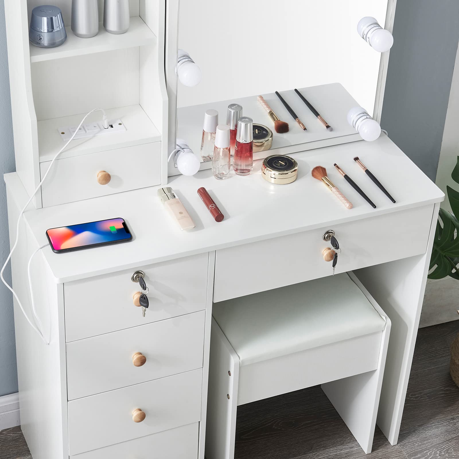 Buildonely Makeup Vanity Desk with Mirror and Lights, Dressing Table Set with 6 Drawers, 3 Color Modes Dimmer Switch 10 Light Bulbs, Vanity Set with Cushioned Stool for Girls, Women, Bedroom. White