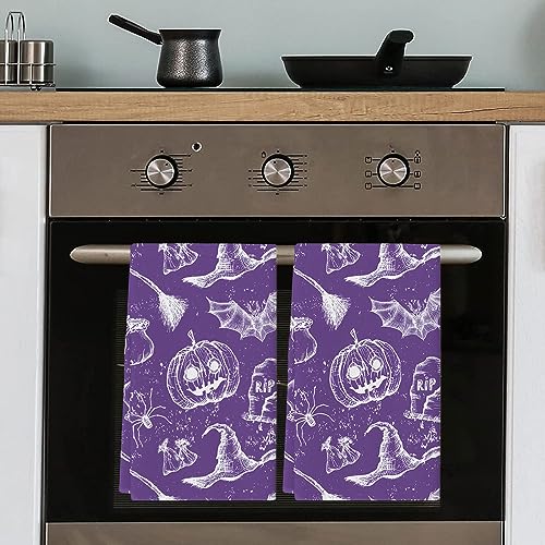 Kitchen Towels Happy Halloween Purple Absorbent Tea Towel Soft Hand Dish Towel Pumpkin Witch Bat Reusable Washable Cleaning Cloth Hand Bath Towels for Bathroom Bar for Everyday Cooking (Pack of 1)