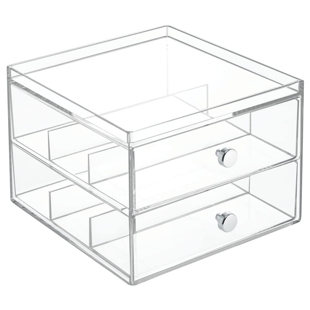 mDesign 2 pc. Set Stackable Eyeglass Organizer Holder for Sunglasses, Eyeglasses, Reading Glasses - 2 Divided Drawers, Clear