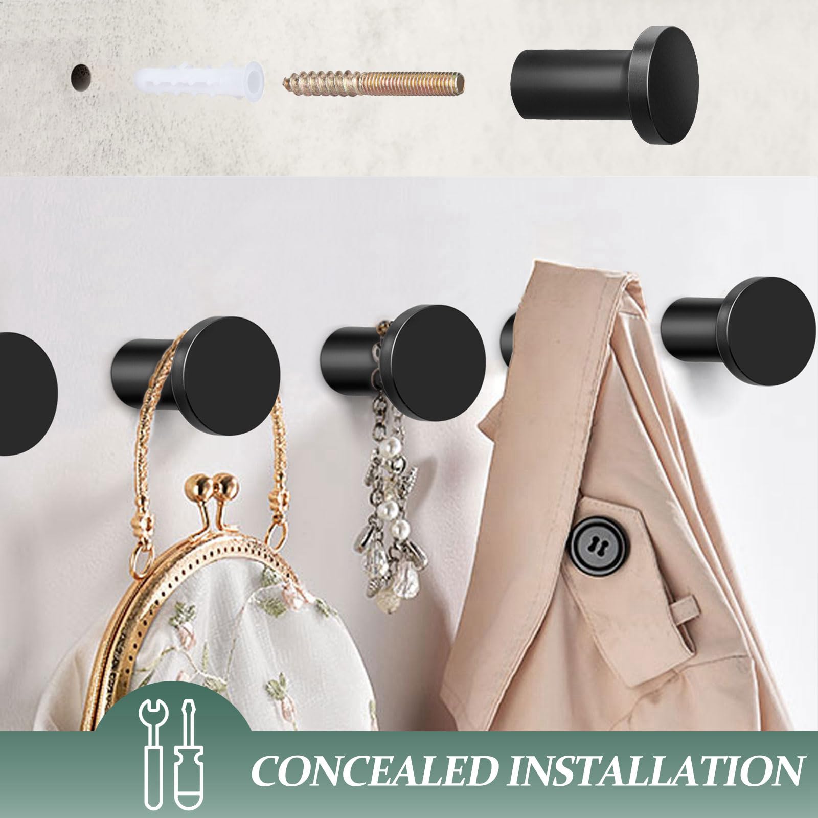 GUWINA Metal Wall Hooks for Hanging,6 Coat Hooks Wall Mount,Heavy Duty Black Decorative Hooks for Cubicle Entryway,Bathroom Shower Hand Towel Hooks Hangers for Clothes Robe (Round)