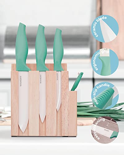 Wamery Ceramic Knife Set with Block - Chef Knife, Utility Knife, Paring Knife Rust Proof Sharp Turquoise Kitchen Knife Set with Wood Block and Fruit Peeler