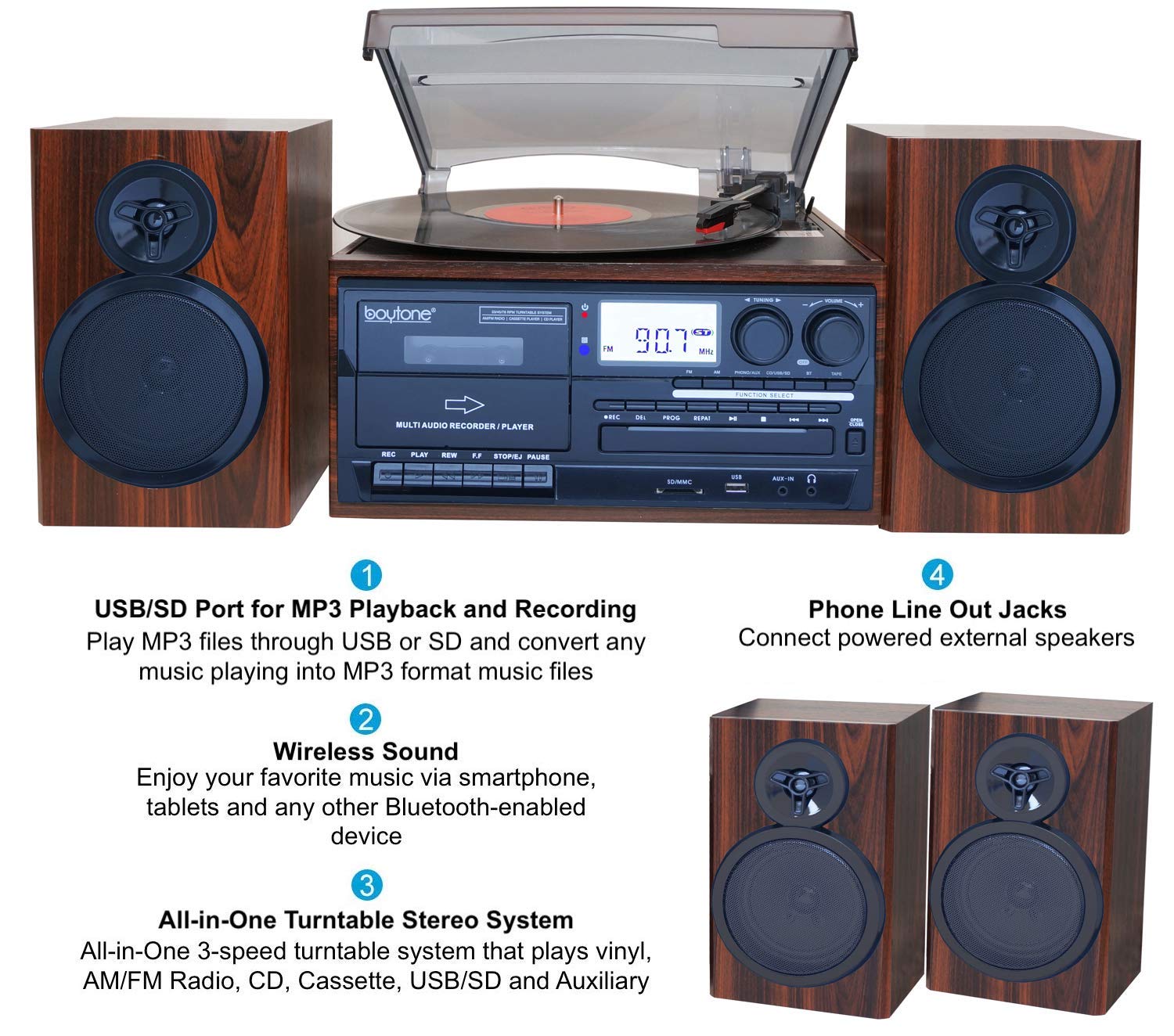 Boytone BT-28MB, Bluetooth Classic Style Record Player Turntable with AM/FM Radio, CD/Cassette Player, 2 Separate Stereo Speakers, Record from Vinyl, Radio, and Cassette to MP3, SD Slot, USB, AUX