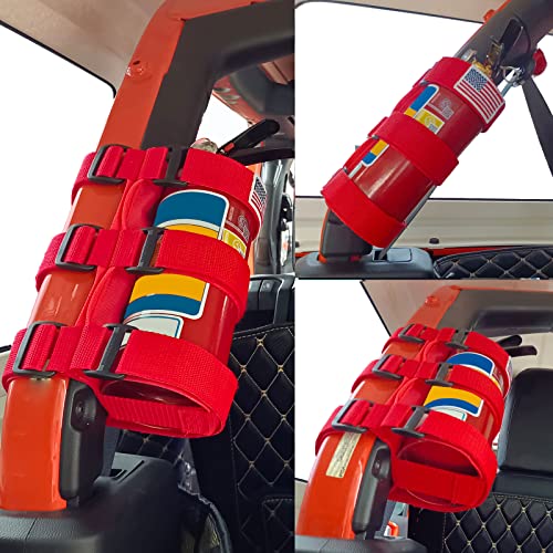 Fire Extinguisher Holder Roll Bar Adjustable Strap Brackets Fits for Jeep Wrangler Unlimited CJ YJ TJ LJ JK JKU JL JLU,Red with USA Flag Pattern