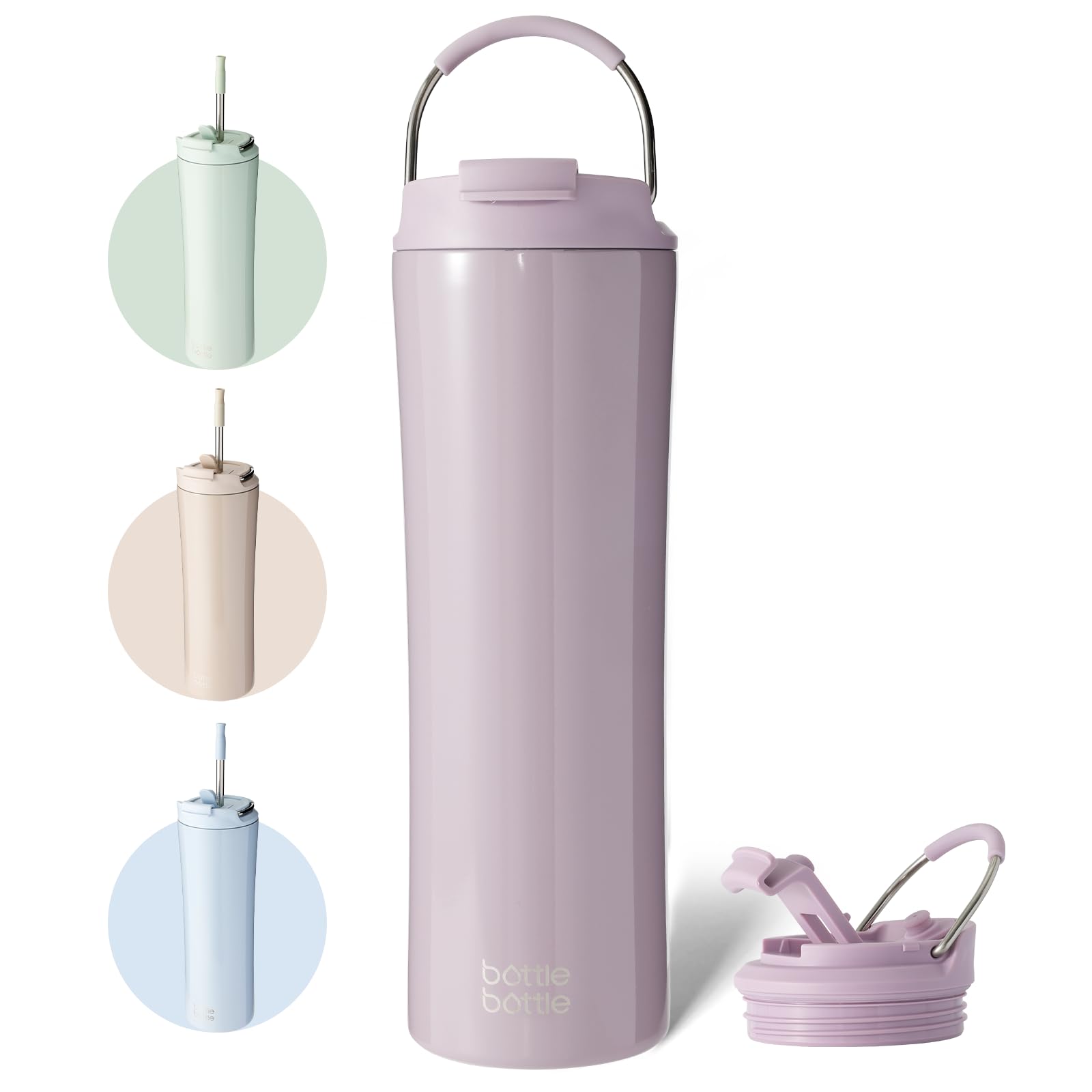 BOTTLE BOTTLE Insulated Water Bottle Coffee Tumblers with Dual-use Lid and Straw Double Walled Iced Travel Coffee Mug for Woman and Man 24oz Stainless Steel Tumbler with Handle(Light Purple)