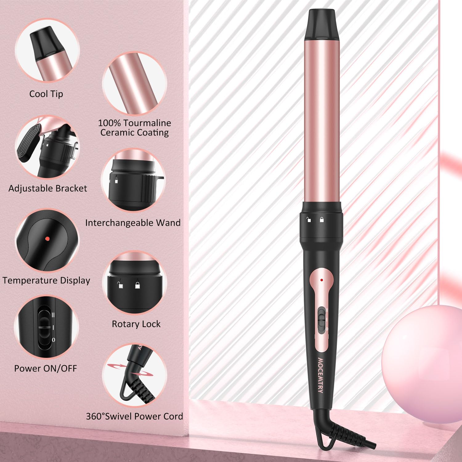 Curling Iron Wand Set, 5 in 1 Wave Hair Curler 0.35-1.25 Inch Interchangeable Ceramic Barrels Crimpers (Pink)