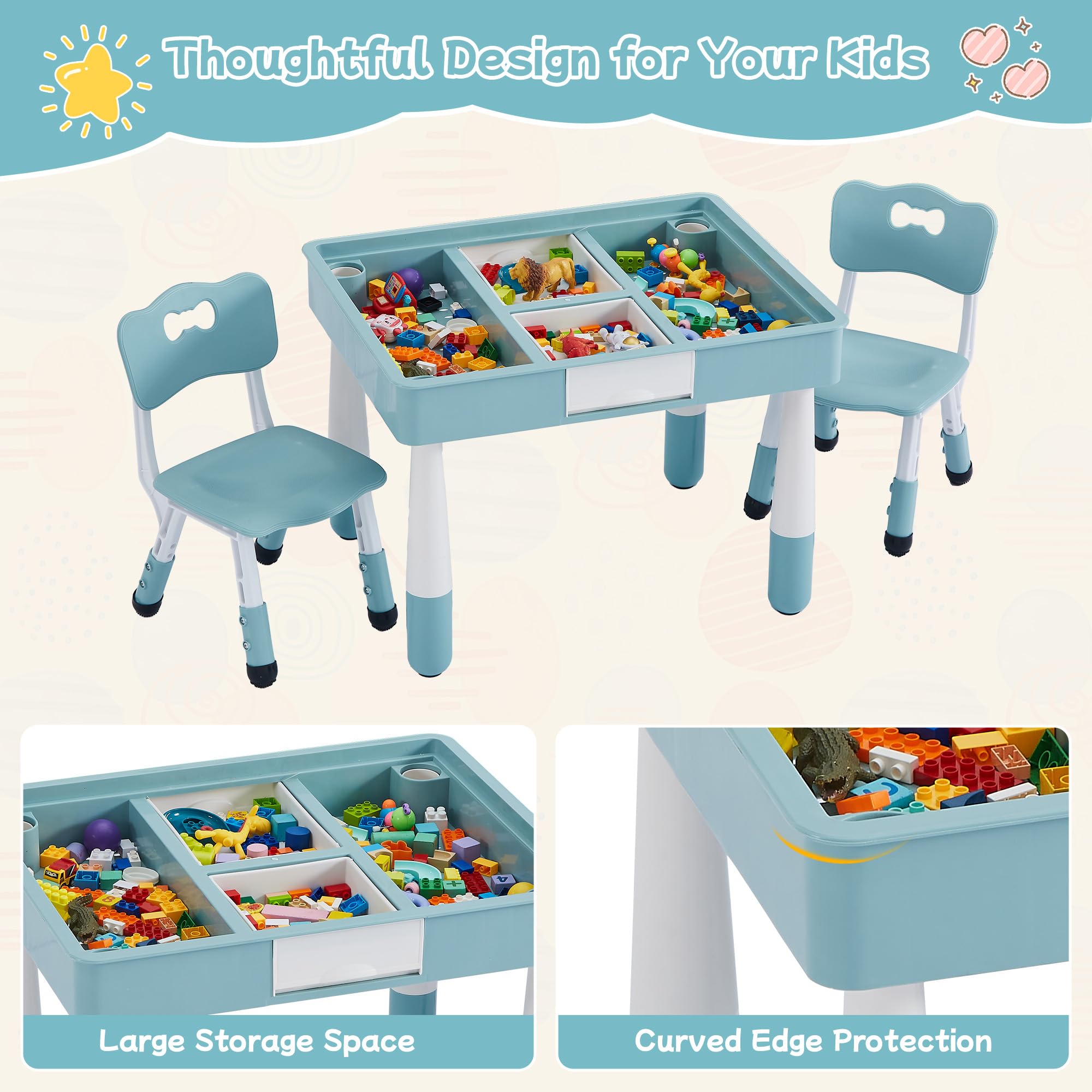 CuFun 4 in 1 Kids Table and 2 Chairs Set, Toddler Table and Chair Set for Kids Ages 3-10, Activity Table for Building Blocks/Drawing/Reading/Dining,Gift for Boy & Girl (Grayish Blue)