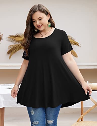 MONNURO Womens Short Sleeve Casual Loose Fit Flare Swing Tunic Tops Basic T-Shirt Plus Size(Black, 3X)