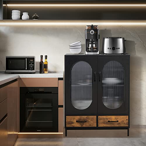 Giantex Buffet Cabinet with 2 Drawers, Wooden Sideboard, Standing 2-Tier Cupboard w/Tempered Glass Doors, Industrial Multifunctional Storage Cabinet for Kitchen Living Room Coffee Bar (Black & Brown)