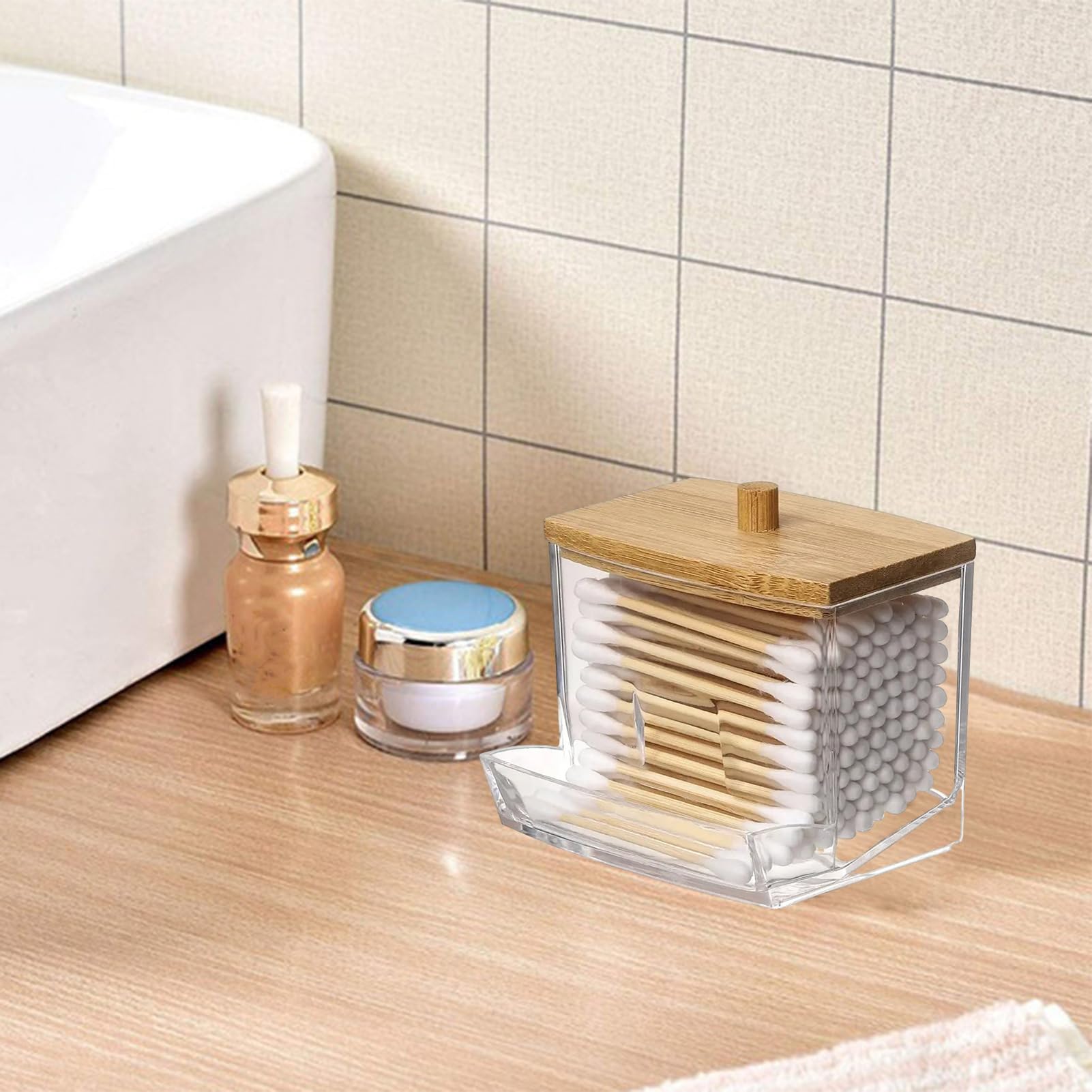 Generic Qtip Holder Dispenser with Bamboo Lids - 10 oz Clear Plastic Apothecary Jar Containers for Vanity Makeup Organizer Storage - Bathroom Accessories Set for Cotton Swab, Ball, Pads, Floss Clear