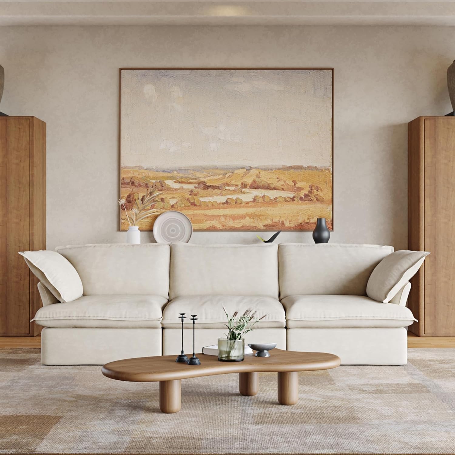 JACH 122.82" Cloud Modular Sectional Sofa for Living Room 3 Seats, Comfy Convertible Sectional Sofas Couches, Cushion Covers Removable, Two Corners and One Middle Sofa for Living Room (Beige)