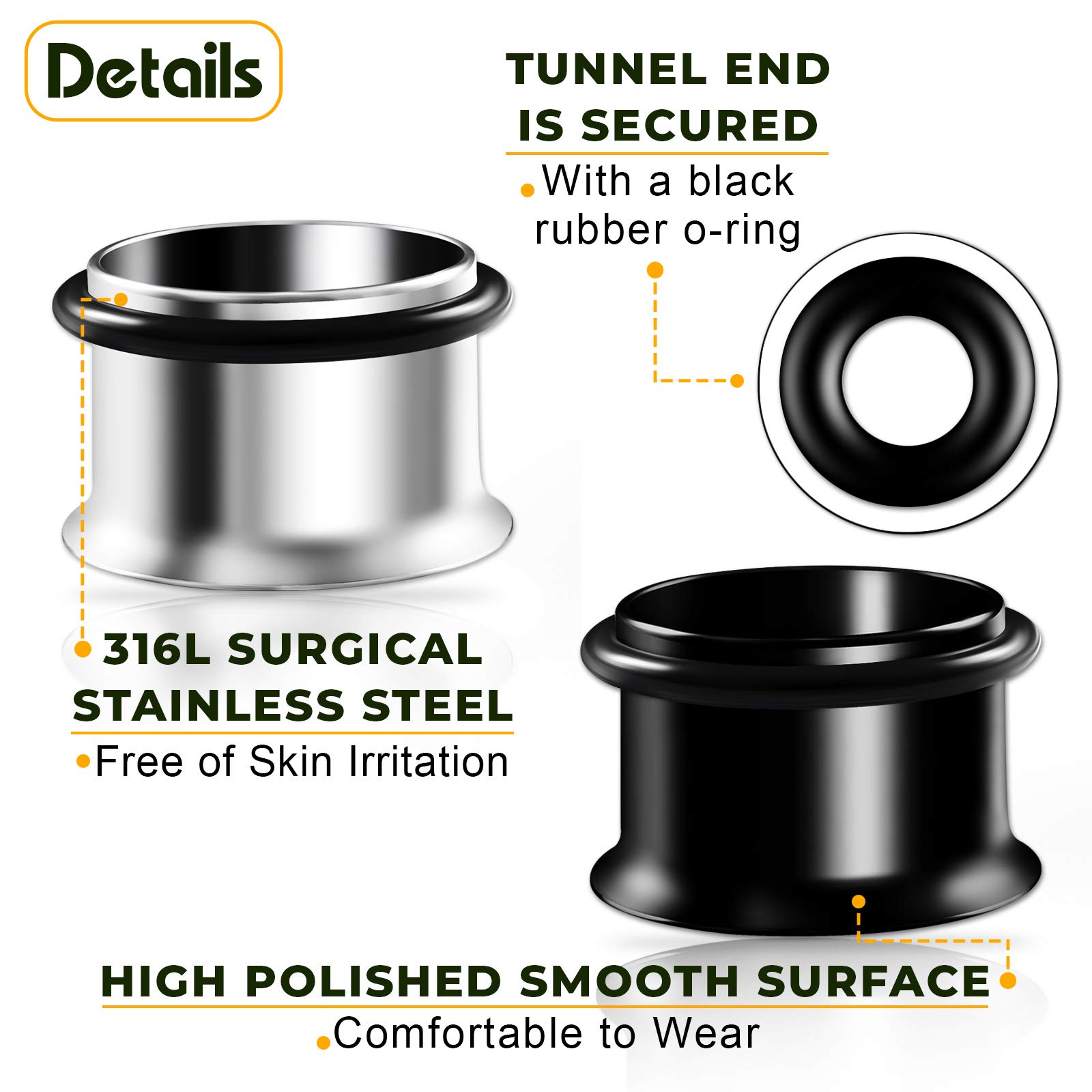 BIG GAUGES 2 Pairs 316L Surgical Steel Black 2g Gauge 6mm Single Flared Piercing Jewelry Stretcher Ear Ring Lobe Tunnel Plug BG0616
