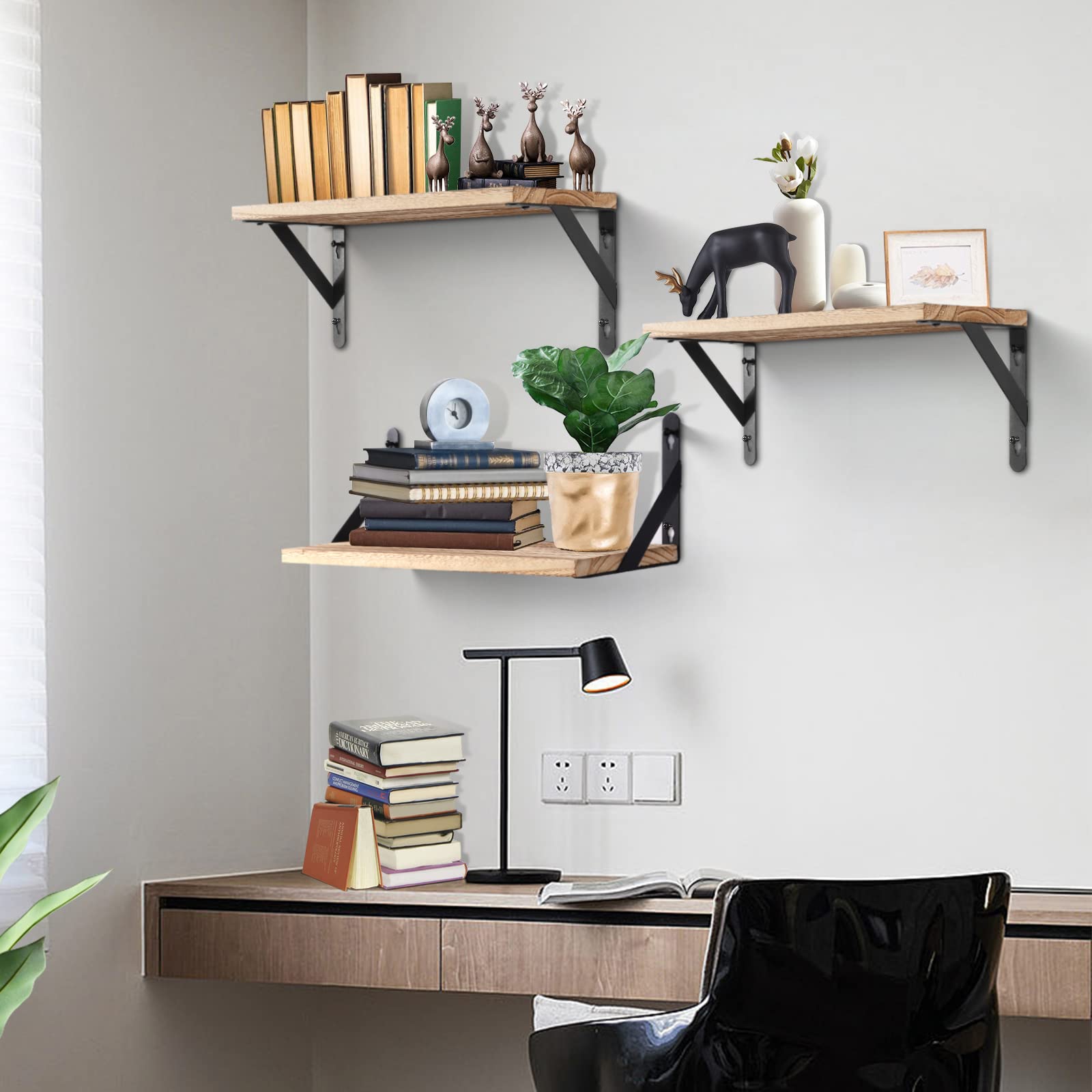 himaly Floating Shelves Set of 2 Rustic Wooden Shelves Decorative Wall Shelf Brackets Storage Book Shelves for Screw Mounted Shelf, 17in