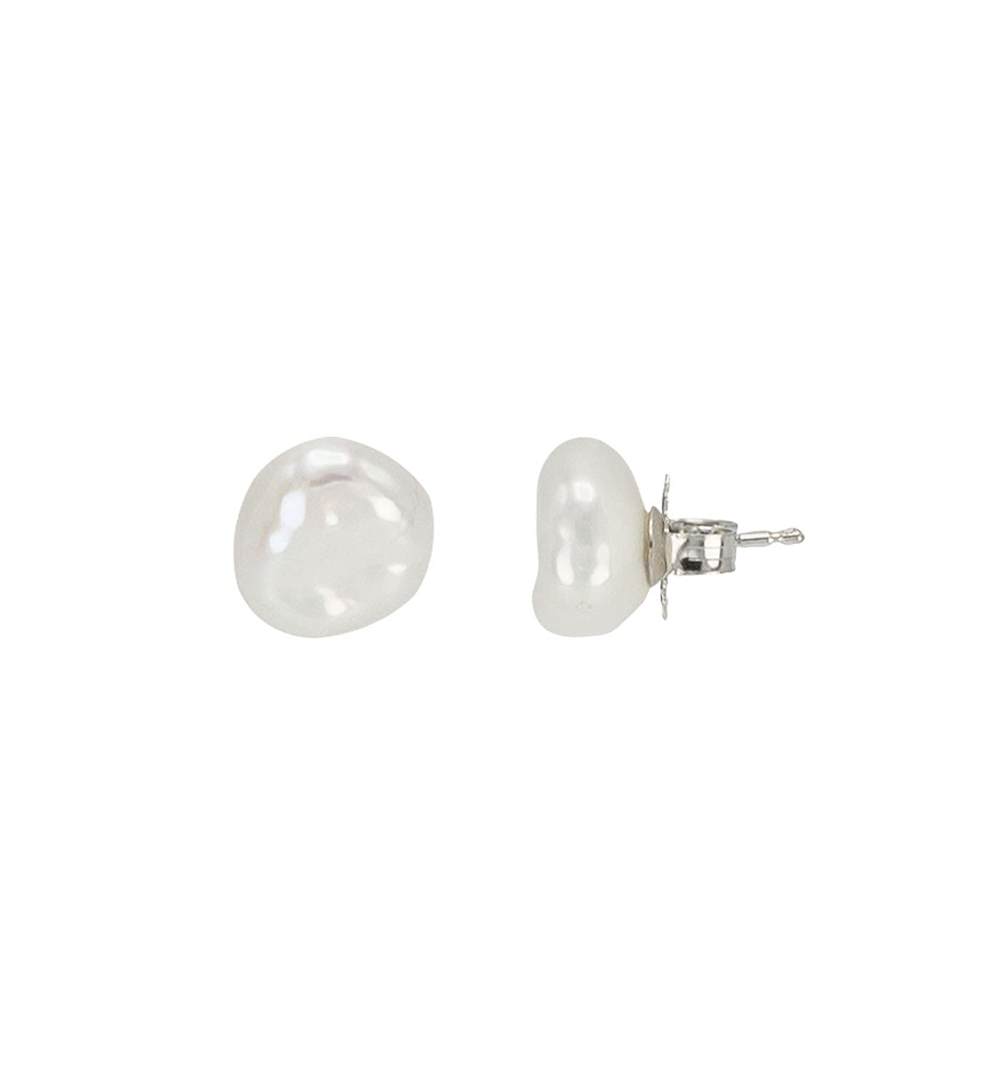 BLUE OCEAN PEARLS .925 Sterling Silver Freshwater White Keshi Cultured Pearl Earrings for Women, 8-9mm Baroque Pearls High Luster Stud Jewelry Earrings