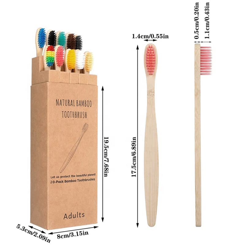 OUTIN Adults Bamboo Toothbrushes 20 Pack, Colorfull Soft Bristles Children Wood Toothbrush Eco Friendly Biodegradable Wooden Handle Tooth Brush Oral Cleaning, HOT004