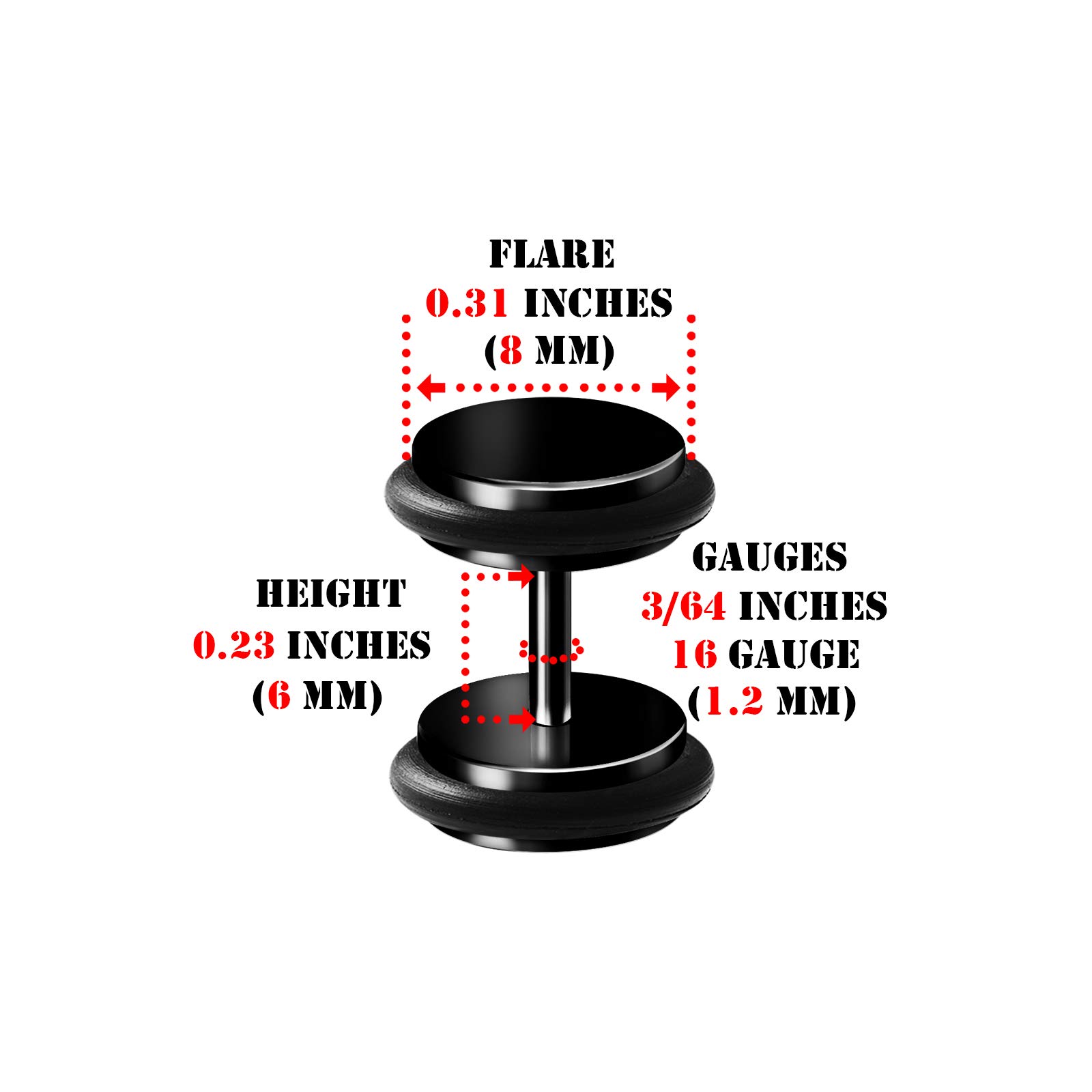 BIG GAUGES 2 Pairs of Black Anodized Steel 16g Gauge 1.2mm Fake Size 8mm Piercing Ear Stretcher Cheater Earring Illusion Plugs BG7248