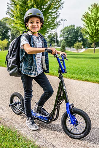 Mongoose Expo Youth Scooter, Front and Rear Caliper Brakes, Rear Axle Pegs, 12-Inch Inflatable Wheels, Black/Blue